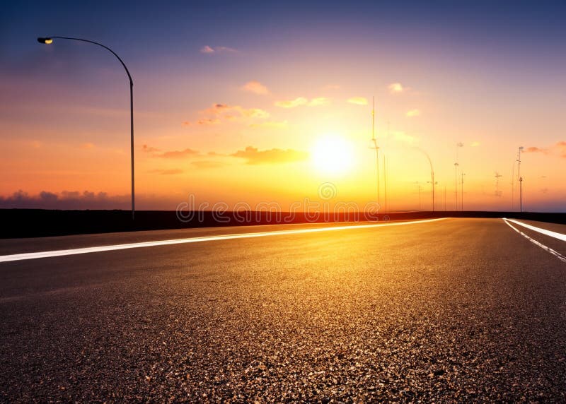 Abstract Empty Asphalt Road at Night Sunset or Sunrise with Lights ...