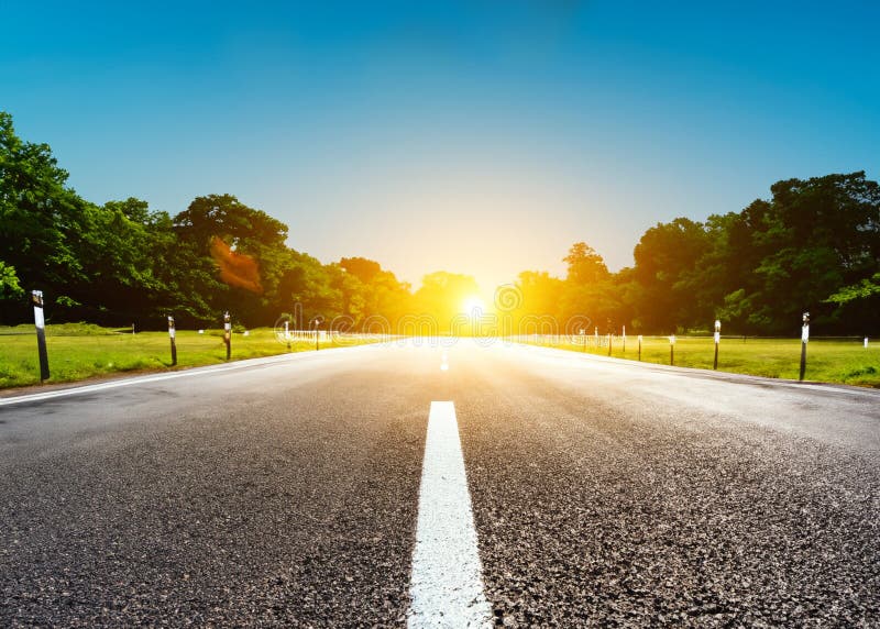 Abstract Empty Asphalt Road at Night Sunset or Sunrise with Lights ...