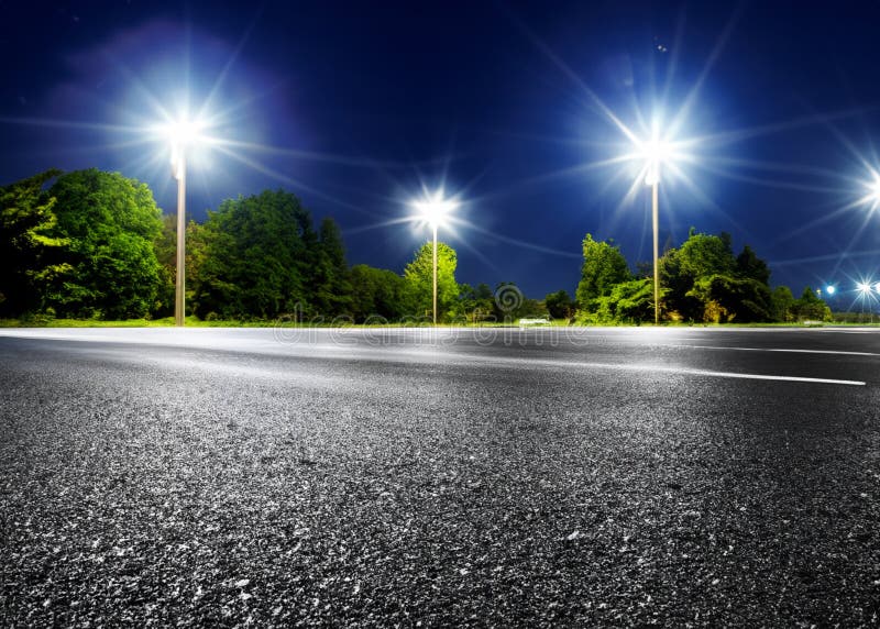 Abstract Empty Asphalt Road at Night Sunset or Sunrise with Lights ...