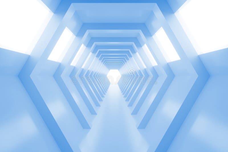 Abstract Empty Cool Blue Shining Tunnel with Light in the End. 3D ...