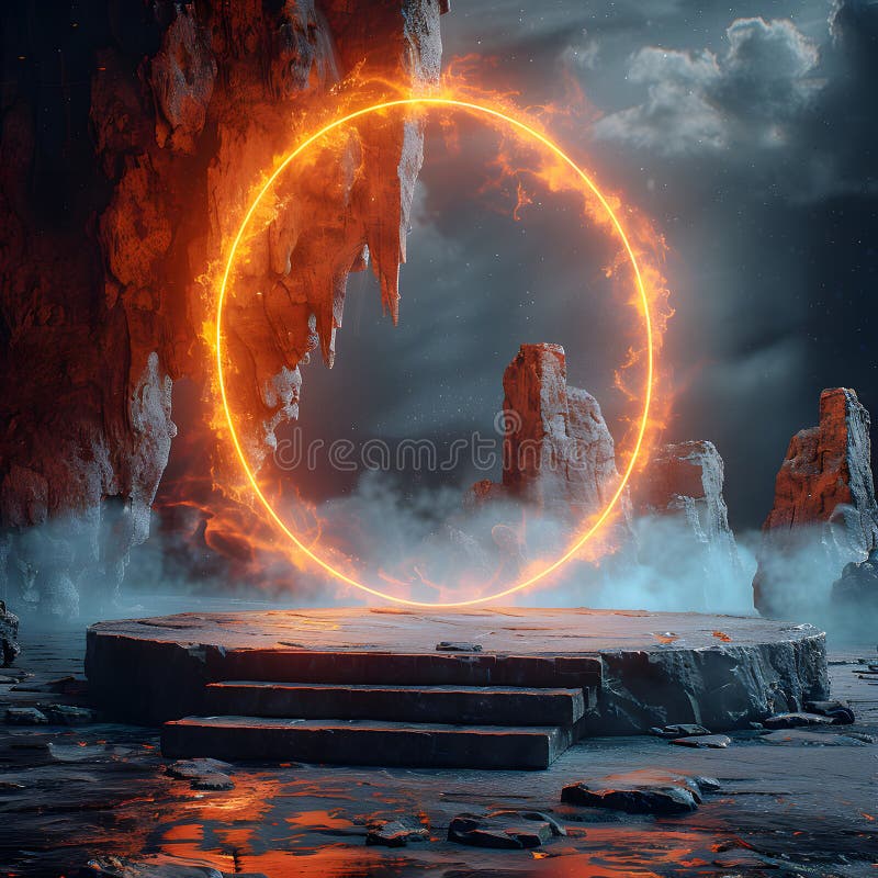 Abstract Empty Golden Award Platform with Neon Glowing Round Frame and ...