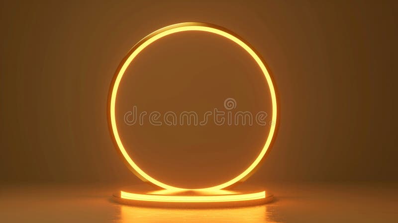 Abstract Empty Golden Award Platform with Neon Glowing Round Frame and ...