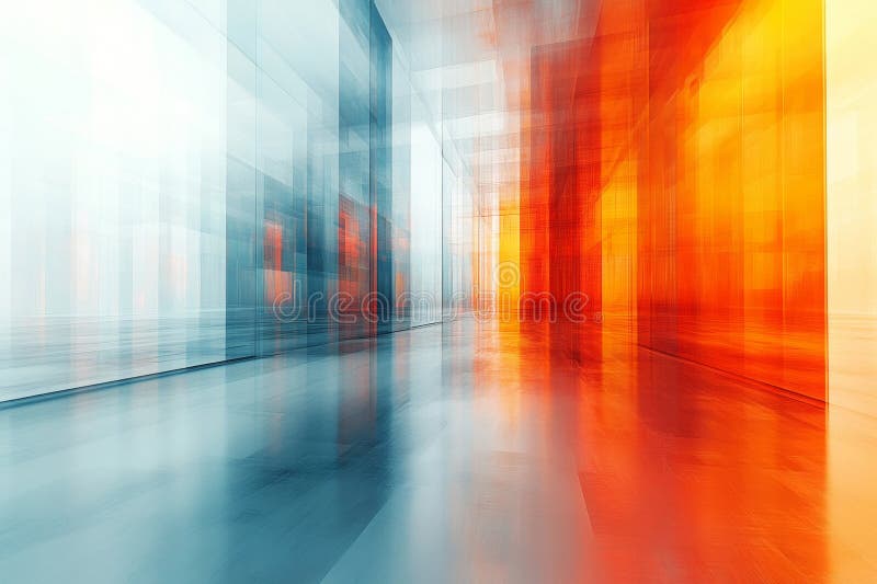 Abstract Empty Hallway with Glass Walls Turning from Blue To Orange ...