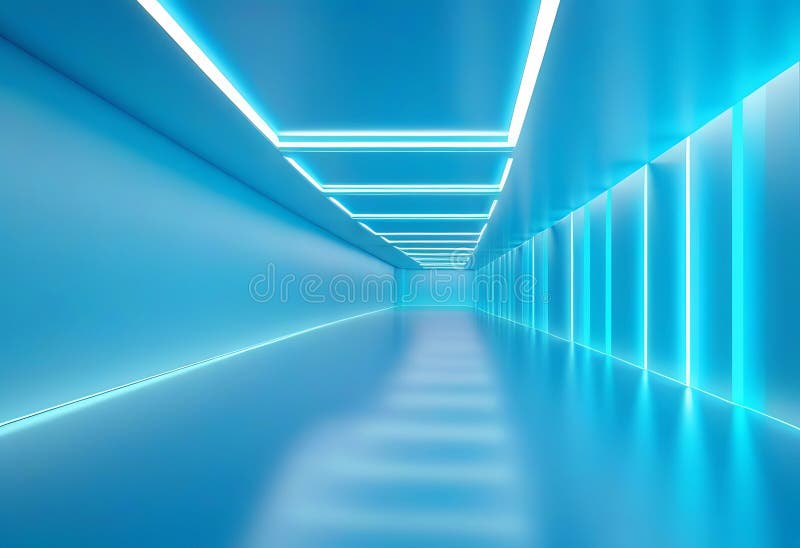Abstract Empty Illuminated Light Blue Shining Corridor Interior, 3d ...