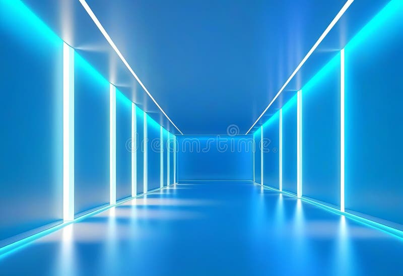 Abstract Empty Illuminated Light Blue Shining Corridor Interior, 3d ...