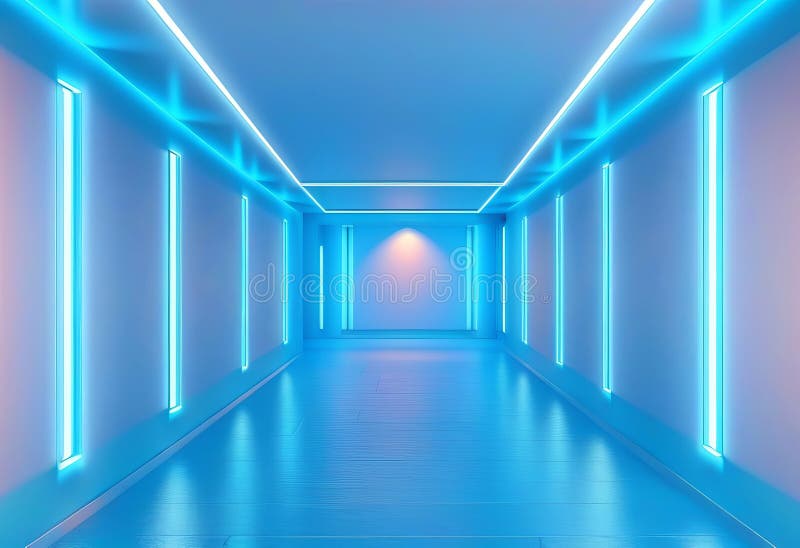 Abstract Empty Illuminated Light Blue Shining Corridor Interior, 3d ...