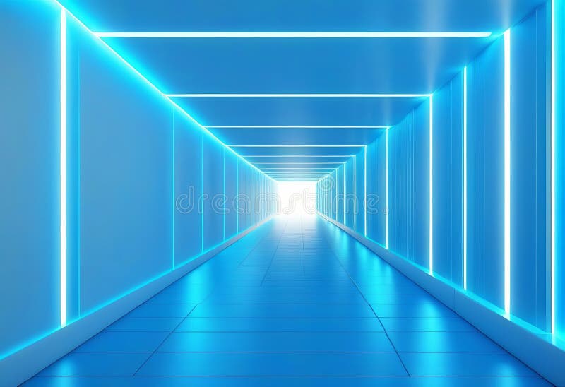 Abstract Empty Illuminated Light Blue Shining Corridor Interior, 3d ...