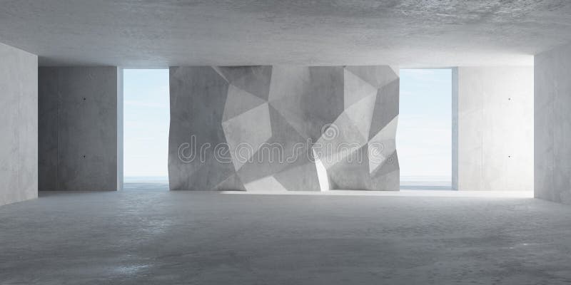 Abstract Empty, Modern Concrete Room Interior with Polygonal Back Wall ...