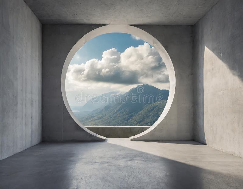 Abstract Empty, Modern Concrete Room with a Round Opening in the Back ...