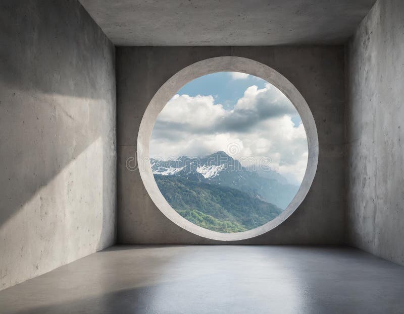 Abstract Empty, Modern Concrete Room with a Round Opening in the Back ...