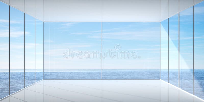 Abstract Empty, Modern Room with Windows with Ocean View and Shiny ...