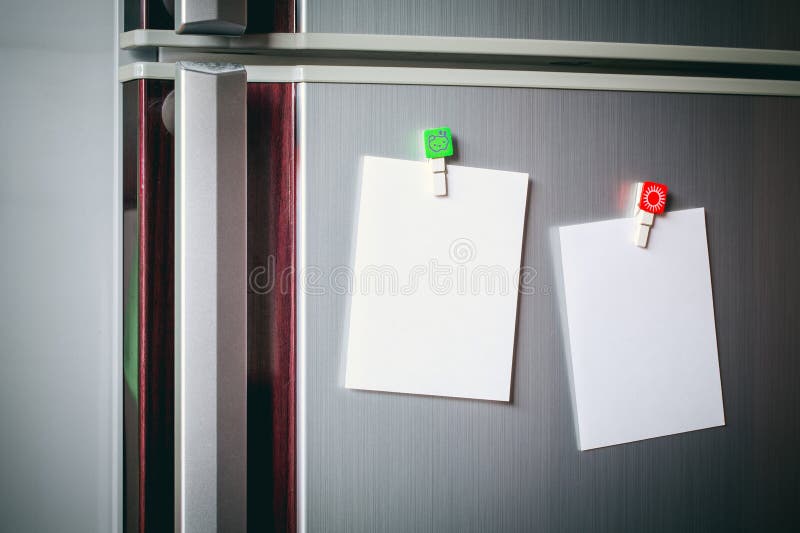 Abstract Empty Paper Sheet on Refrigerator Door. Magnetic Clip on Paper ...