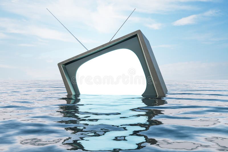 Abstract Empty Screen Old TV Sinking in Shiny Water with Ripple. Mock ...