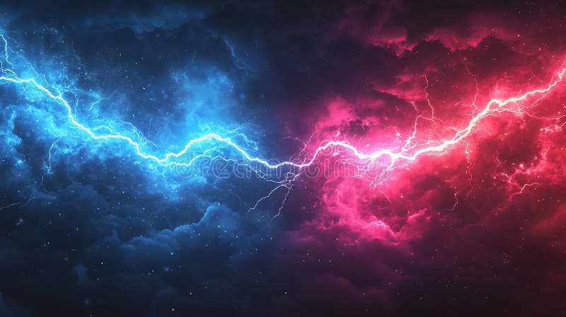 Abstract Energy Clash between Blue and Red Lightning Plasma with Cloudy ...
