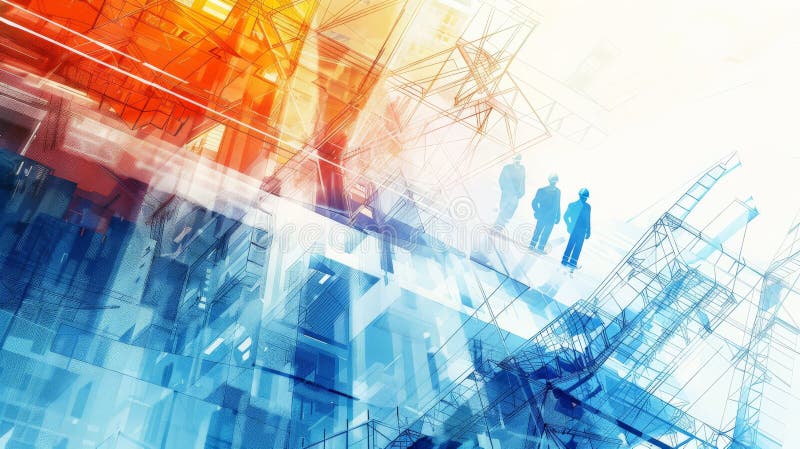 Abstract Engineering Design with Blue and Orange Lines and Workers ...