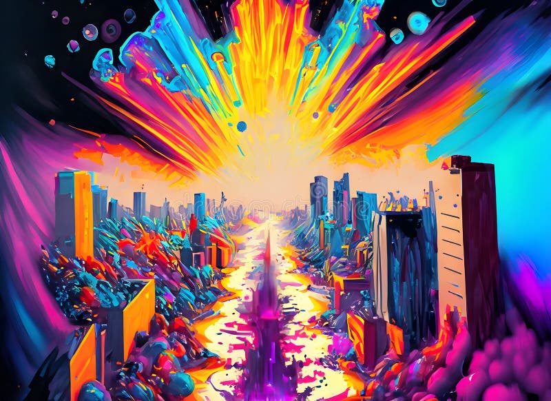 Abstract Exploding Photon City Scape Acrylic Paint Maximalism on ...