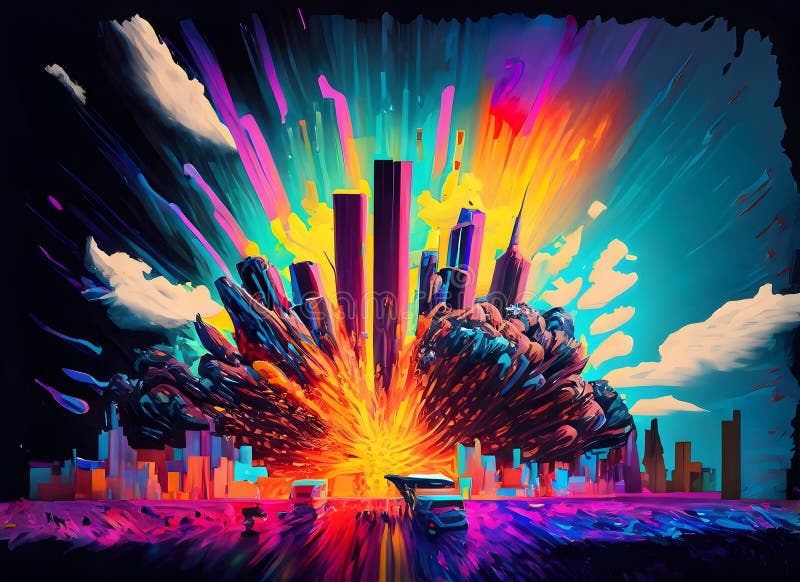 Abstract Exploding Photon City Scape Acrylic Paint Maximalism on ...