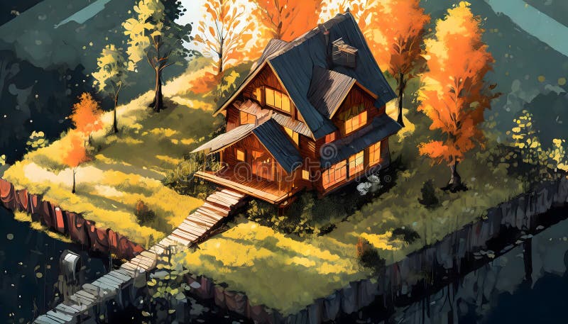 Abstract Exploding Photon Isometric View of Country House in the Woods ...