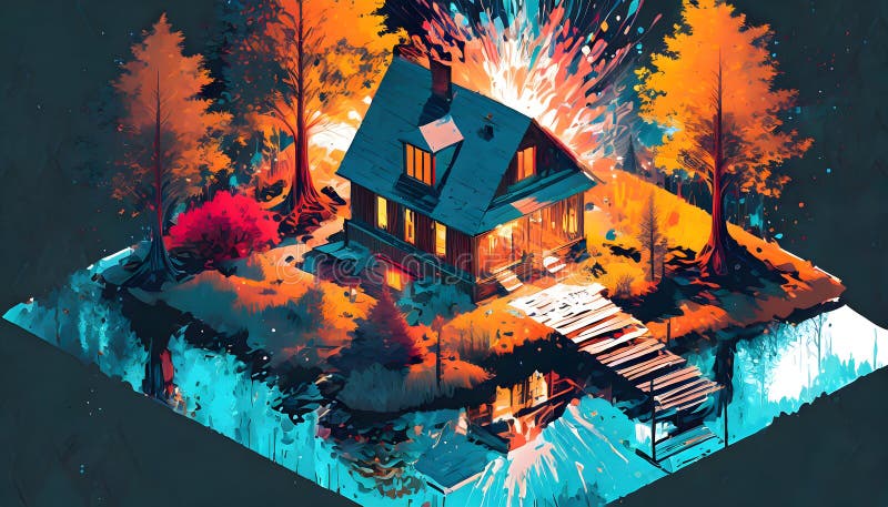 Abstract Exploding Photon Isometric View of Country House in the Woods ...