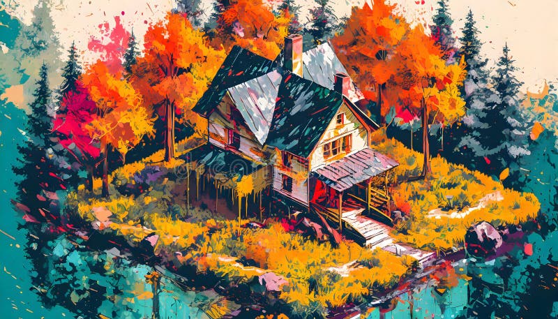 Abstract Exploding Photon Isometric View of Country House in the Woods ...