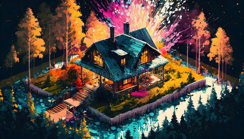 Abstract Exploding Photon Isometric View of Country House in the Woods ...