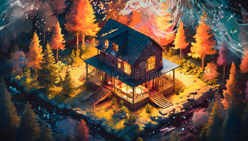 Abstract Exploding Photon Isometric View of Country House in the Woods ...