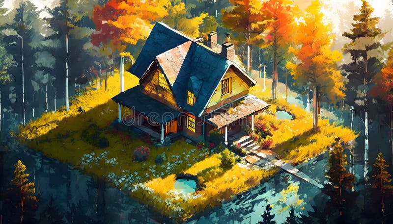 Abstract Exploding Photon Isometric View of Country House in the Woods ...