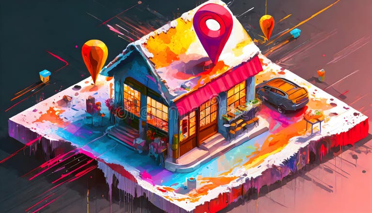 Abstract Exploding Photon Isometric View of Shop with Map Pin, House ...