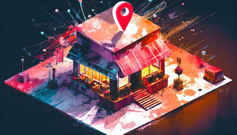 Abstract Exploding Photon Isometric View of Shop with Map Pin, House ...
