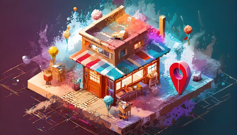 Abstract Exploding Photon Isometric View of Shop with Map Pin, House ...