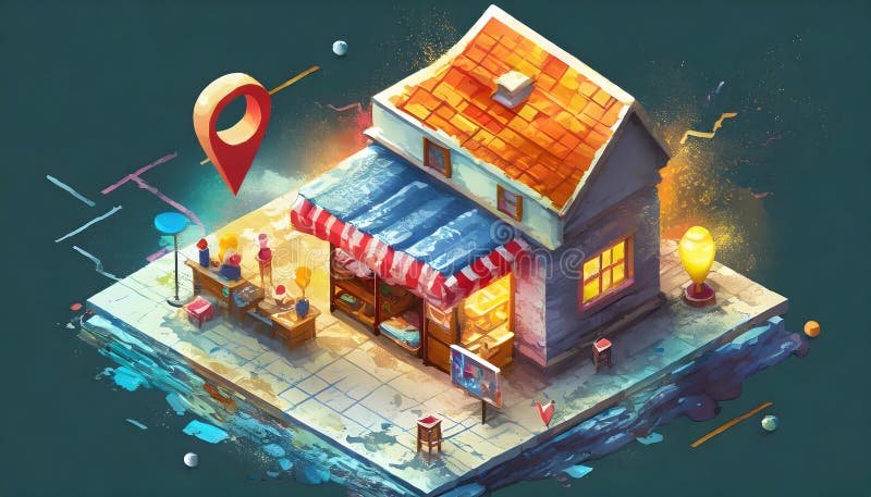 Abstract Exploding Photon Isometric View of Shop with Map Pin, House ...