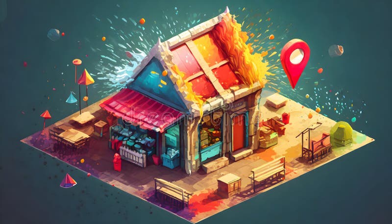 Abstract Exploding Photon Isometric View of Shop with Map Pin, House ...