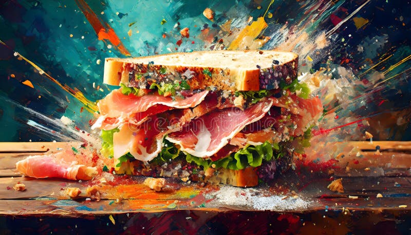 Exploding Photon Sandwich with Prosciutto on Wooden Acrylic Paint ...