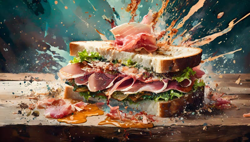 Exploding Photon Sandwich with Prosciutto on Wooden Acrylic Paint ...