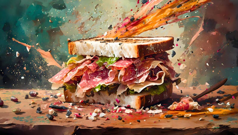 Exploding Photon Sandwich with Prosciutto on Wooden Acrylic Paint ...