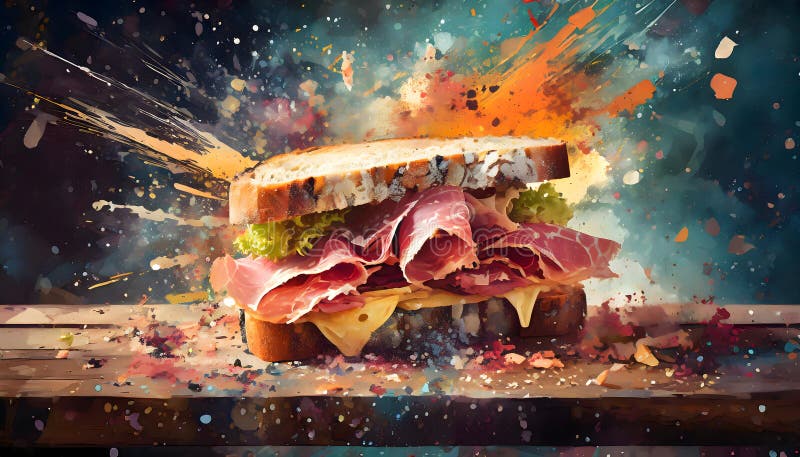 Exploding Photon Sandwich with Prosciutto on Wooden Acrylic Paint Maximalism on Digital Art ...