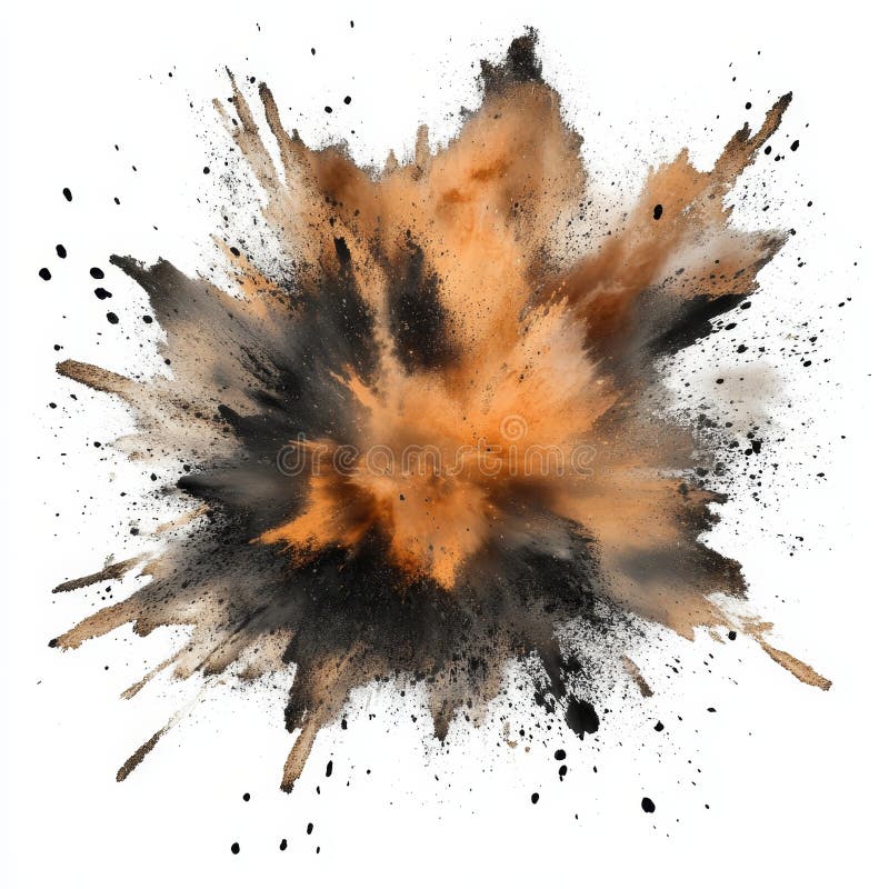 Abstract Explosion with Black and Orange Dust on White Background Stock ...