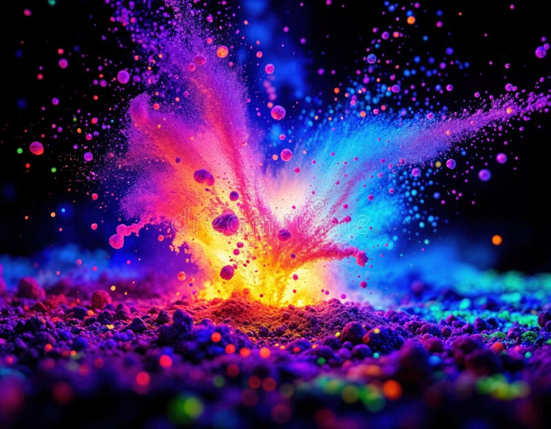 Abstract Explosion of Colorful Particles on Black Background. 3D ...