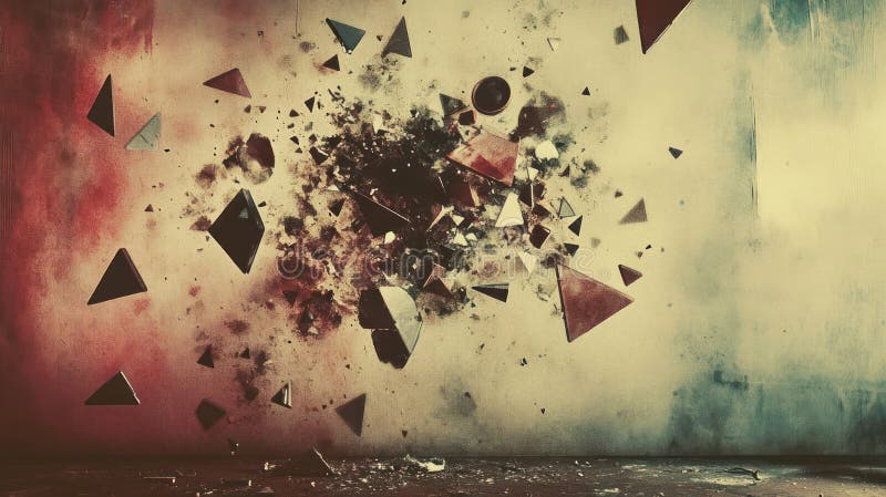 Abstract Explosion of Geometric Shapes Against a Textured Wall Stock ...