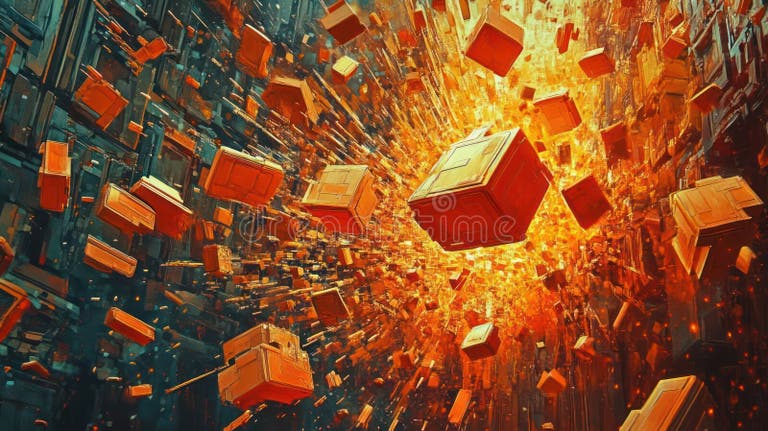 Abstract Explosion of Orange Cubes in a Dynamic, Futuristic Environment ...