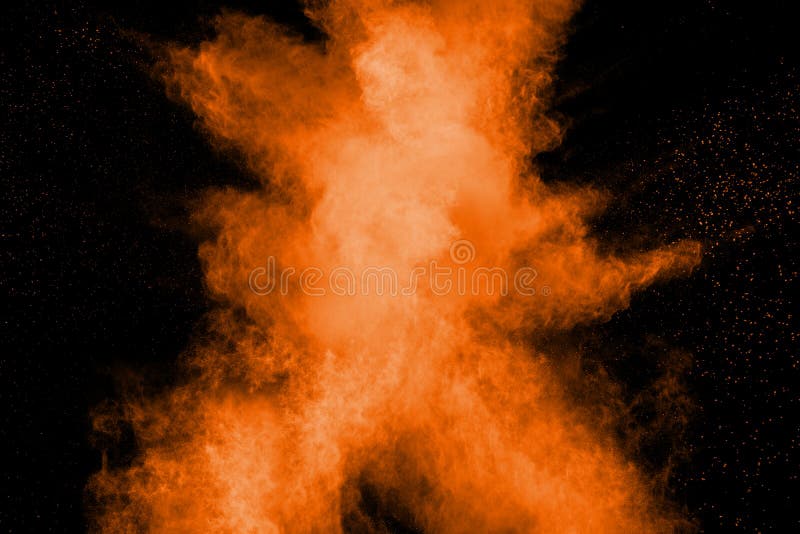Abstract Explosion of Orange Dust on Black Background. Freeze Motion of ...