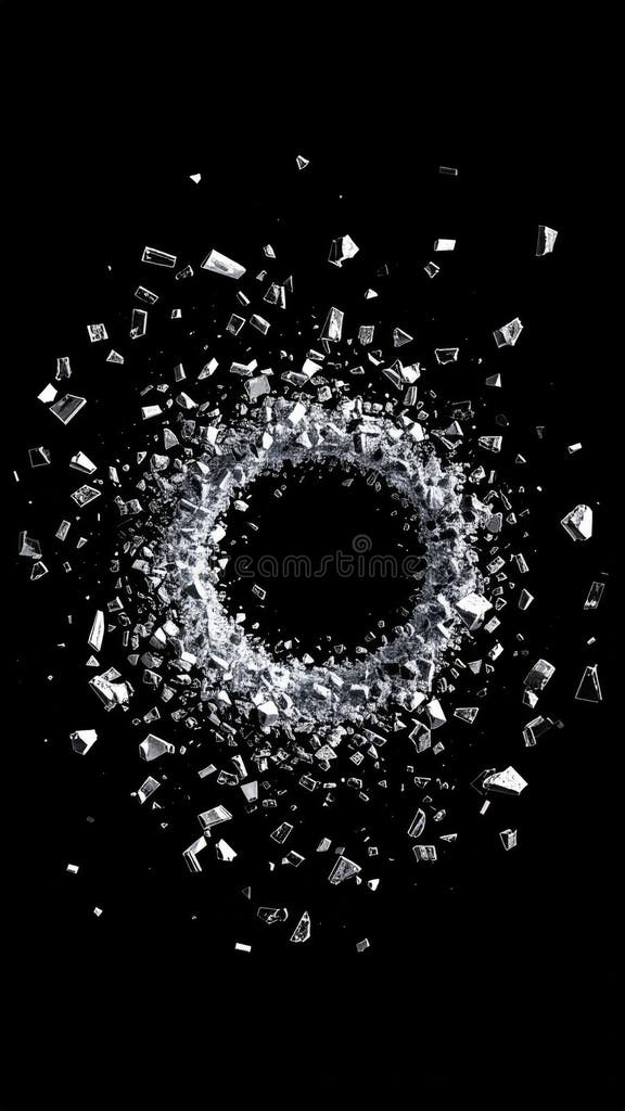 Abstract Explosion: Shattered Circle of Grey Fragments on Black ...