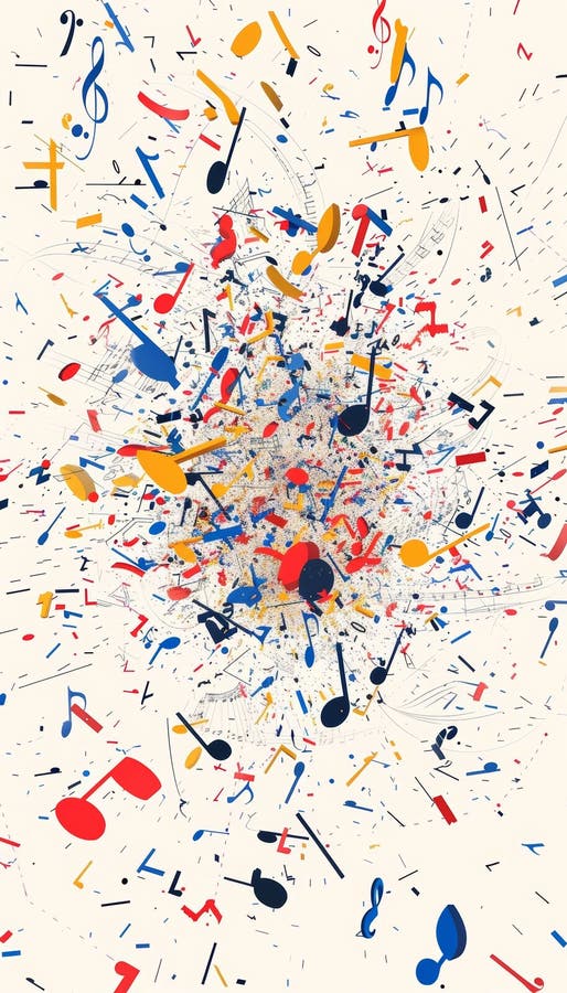 Abstract Explosion of Vibrant Colored Musical Notes and Instruments on ...