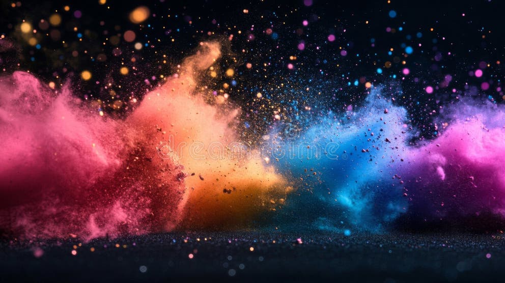Abstract Explosion of Vibrant Colors with Particles on Dark Background ...