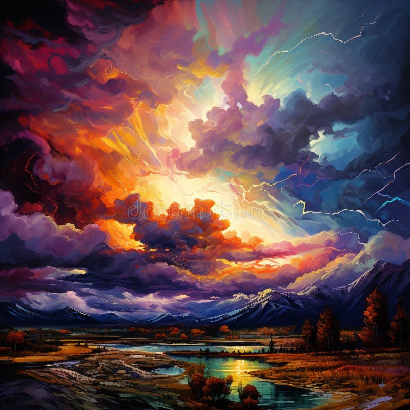 Abstract Expressionism: Dramatic Scene of Illuminated Clouds and ...