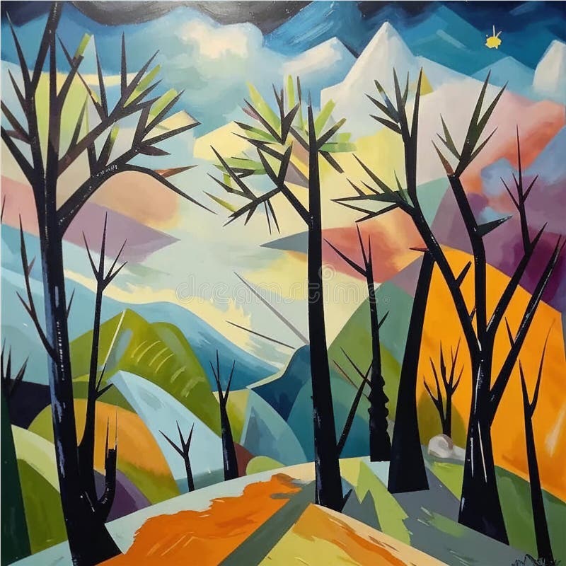 Abstract Expressionist Painting Depicts a Landscape with Bright Trees ...