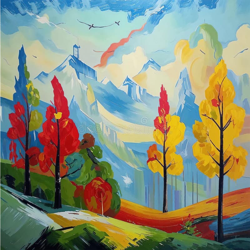 Abstract Expressionist Painting Depicts a Landscape with Bright Trees ...