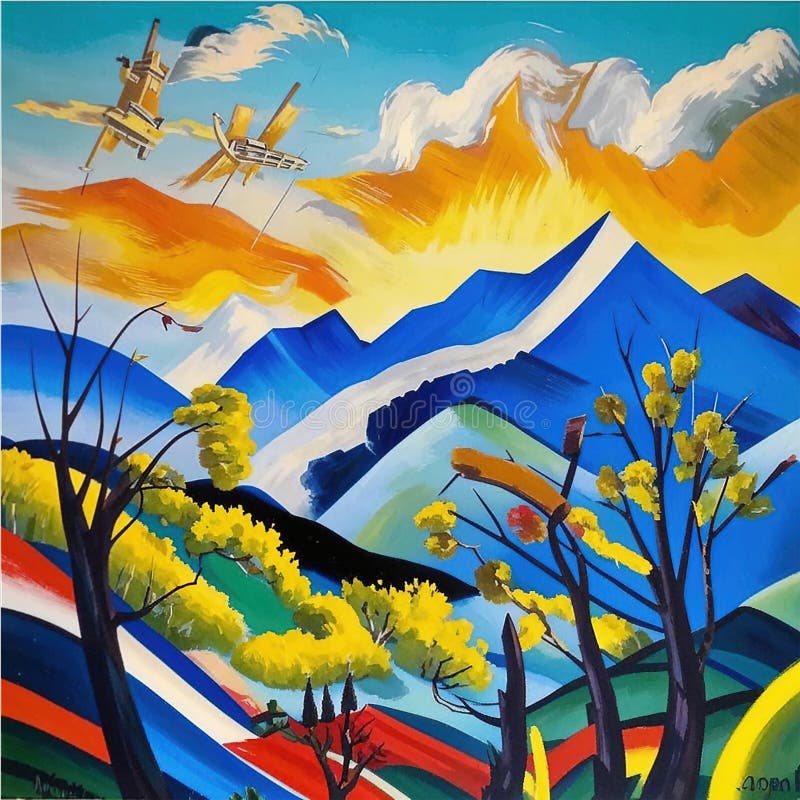 Abstract Expressionist Painting Depicts a Landscape with Bright Trees ...