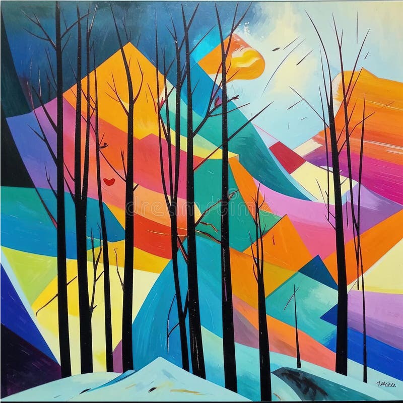 Abstract Expressionist Painting Depicts a Landscape with Bright Trees ...