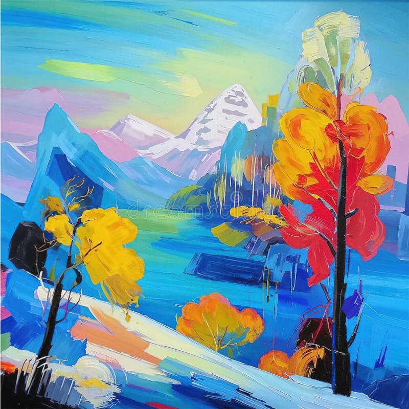 Abstract Expressionist Painting Depicts a Landscape with Bright Trees ...